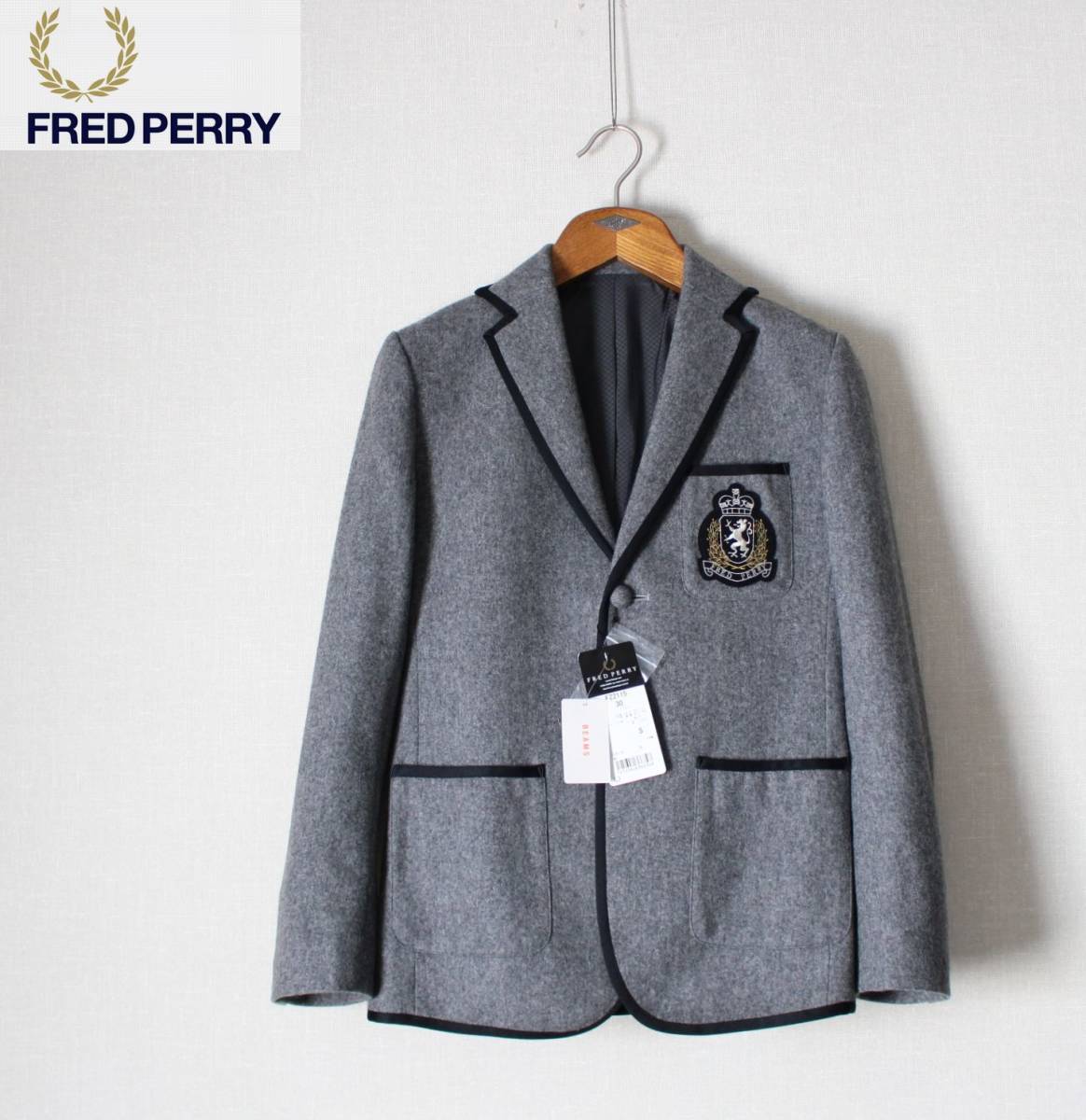 FRED PERRY フレッドペリー ウール ワッペン テーラードジャケット サイズS FZ2115 定価\26 000＋税 スクール グレー ...