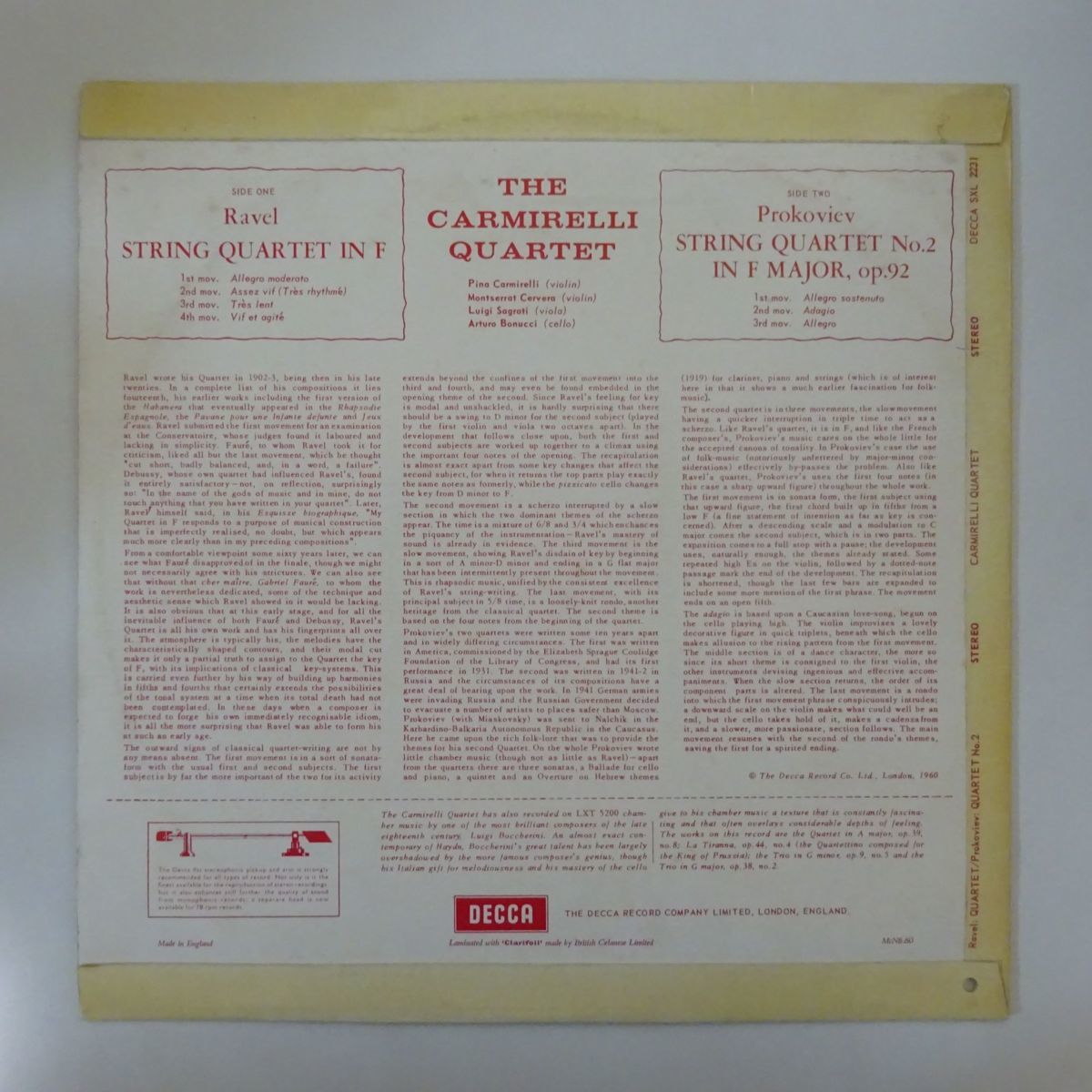 21007133; 英DECCA/SXL/ED1 カルミレッリQ/ラヴェル&プロコフィエフ/弦楽四重奏/CARMIRELLI QUARTET ...