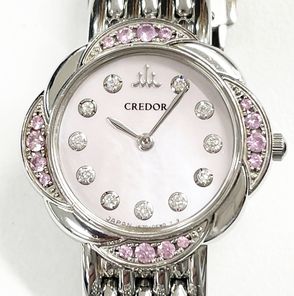 1円スタート 箱付き SEIKO セイコー 1E70-0DE0 クレドール シグノ 11Pダイヤ ピンクサファイア SS シェル文字盤 QZ ...