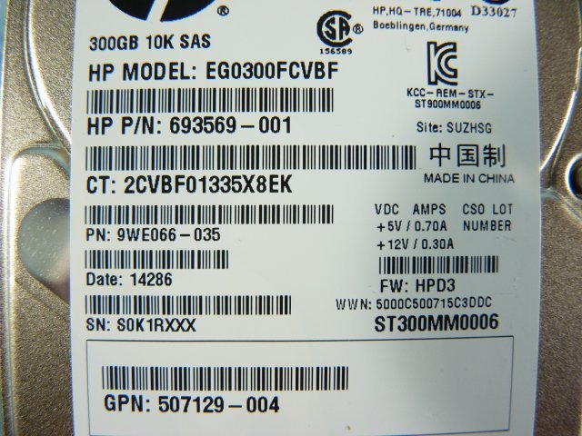 1MKK // HP EG0300FCVBF 300GB 2.5インチ SAS 6Gb/s 10K 10000 rpm 15mm ...