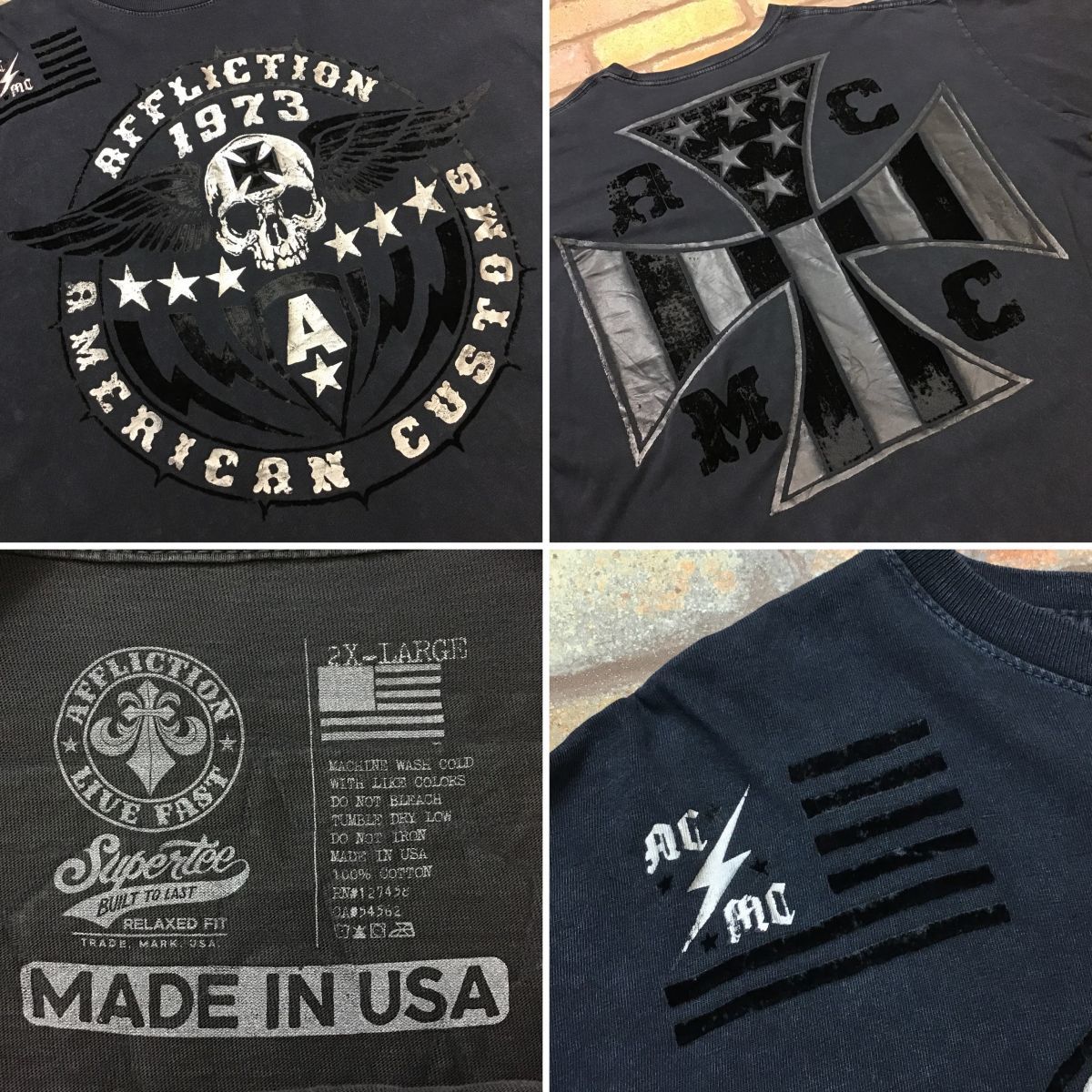 ME9-967 USA製 超BIG 状態良好 AFFLICTION AMERICAN CUSTOMS 豪華デザイン 半袖 Tシャツ メンズ ...