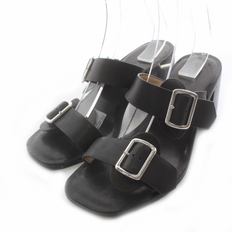 ジルサンダー JIL SANDER NAVY サンダル ミュール ダブルストラップ スクエアトゥ チャンキーヒール レザー 38 24cm 黒(女性用)｜売買されたオークション情報、yahoo ...