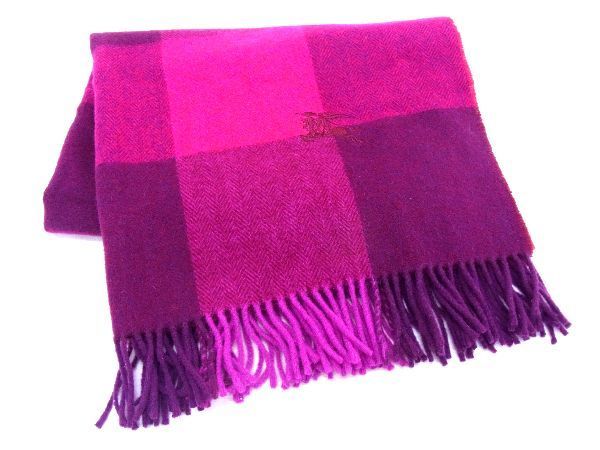 1円 BURBERRY バーバリー ウール100% チェック柄 フリンジ マフラー ストール ショール レディース メンズ ワインレッド系 ...