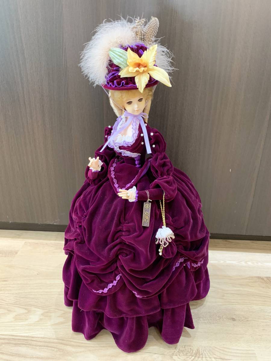 レトロ SUKIYO DOLL リボンフランス人形 リボン印タグ付き 幅約30㎝ 高さ約63㎝ アンティーク スキヨ人形研究所 紫ドレス(その ...