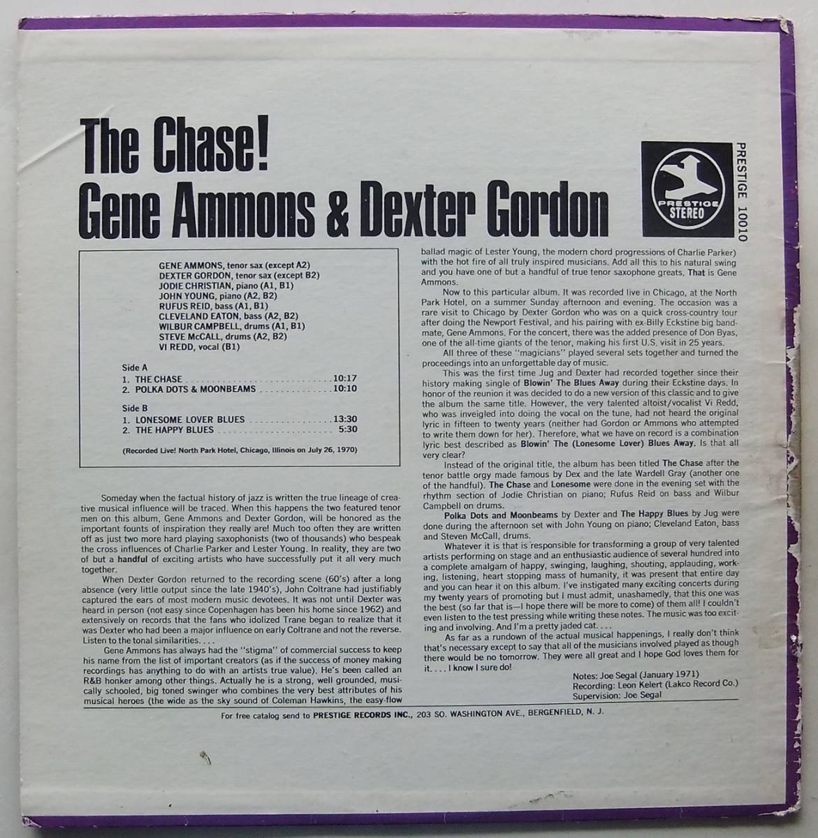 GENE AMMONS & DEXTER GORDON / The Chase PRST 10010 purple:VAN GELDER W ...