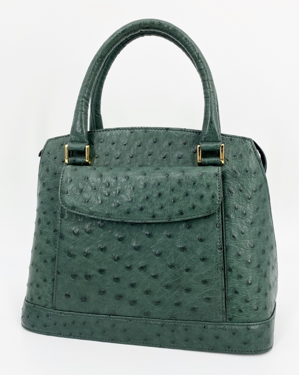芝翫香 SHIKANKO シカンコウ JRA認定 高級 リアル オーストリッチ レザー ハンド バッグ キプロスグリーン×ゴールド金具 日本製 ...