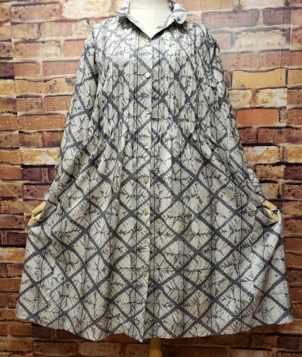 m0429 着物リメイク 正絹 上質絞り ゆったり前開き ピンタックワンピース ギャザー衿 羽織 春コート 手作り ハンドメイド 美ライン ...