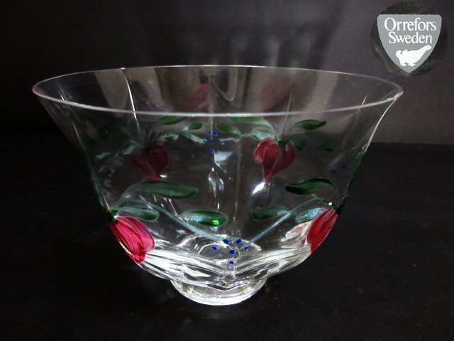 XM478 オレフォス Orrefors Sweden / ガラス製 / 花草紋 / 鉢 / ボウル / 直径13x高さ10cm / 菓子器 ...