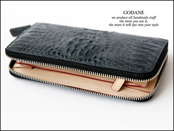 SALE ゴダン GODANE限定 コブ付カイマンクロコワニ革&イタリア製ヌメ革 ラウンドファスナー 長財布 8095sd/Navy(長財布 ...
