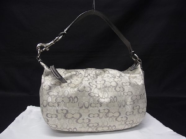 1円 極 COACH コーチ 42039 ミニシグネチャー キャンバス ワンハンドル ハンドバッグ 手提げ アイボリー系×シルバー系 ...