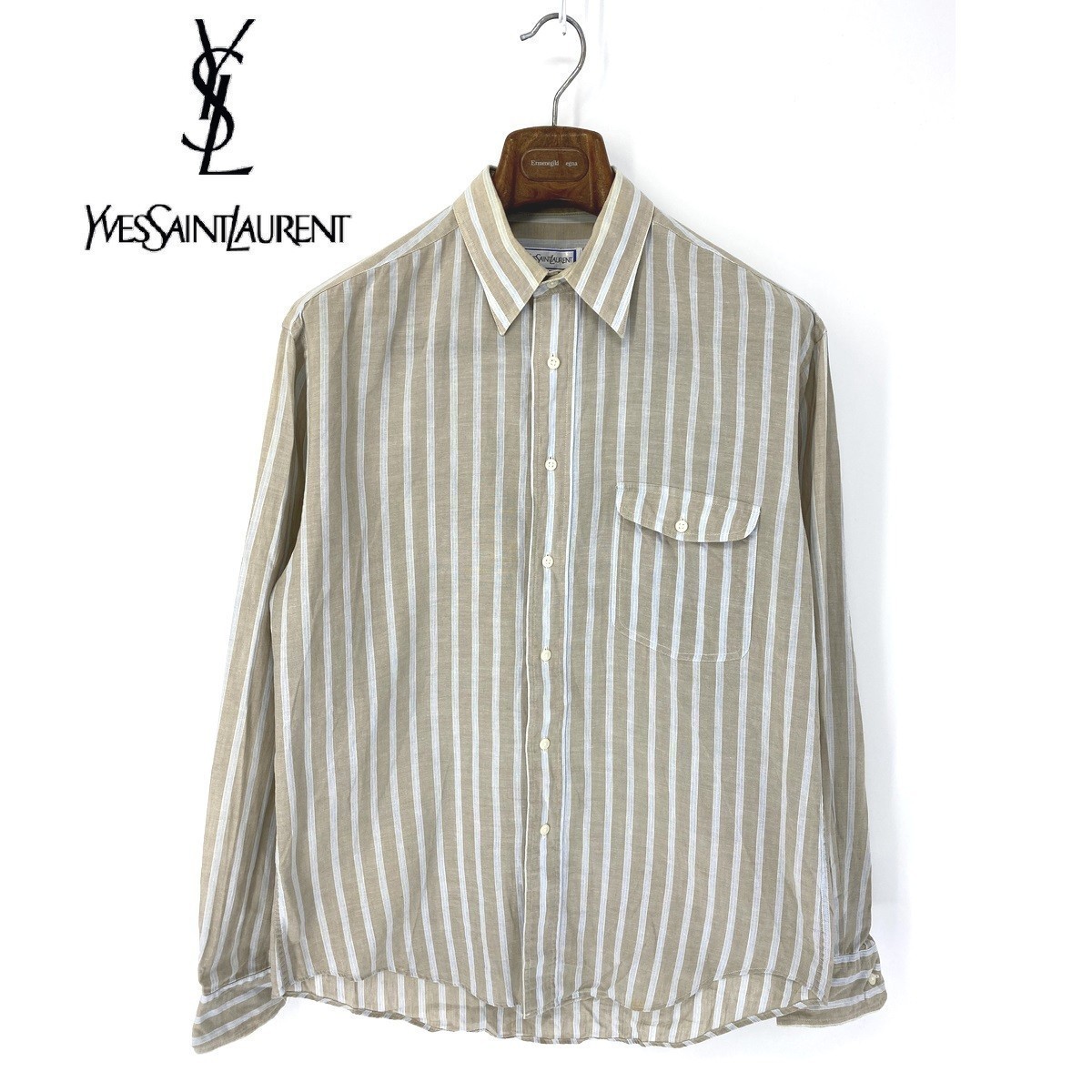A6454/春夏 Yves Saint Laurent イブサンローラン コットン リネン ストライプ 長袖 カジュアル カッター Yシャツ ...