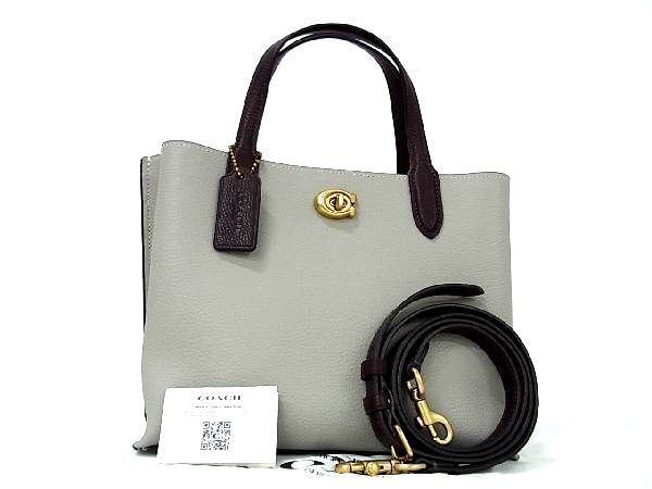 1円 極 COACH コーチ C9092 ウィロウ トート 24 レザー 2WAY ハンドバッグ ショルダー 斜め掛け グレー系×ブラウン系 ...
