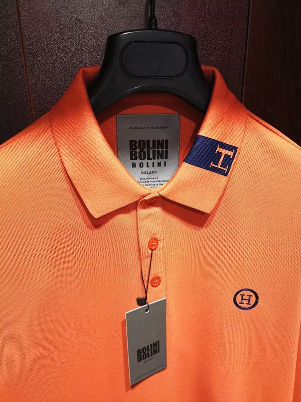 最高級 定価6万 イタリア ミラノ発 BOLINI 高級セレブdesigner 豪華シルク/コットン混 長袖ポロシャツ 48/L オレンジ(L ...