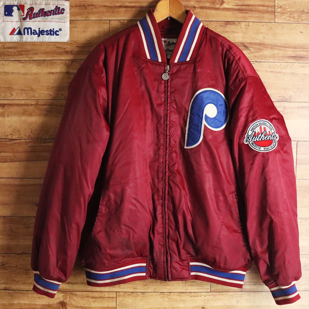 H7J/Y5.31-4 90s MLB フィラデルフィア フィリーズ Majestic マジェスティック ナイロン スタジャン メンズ L ...