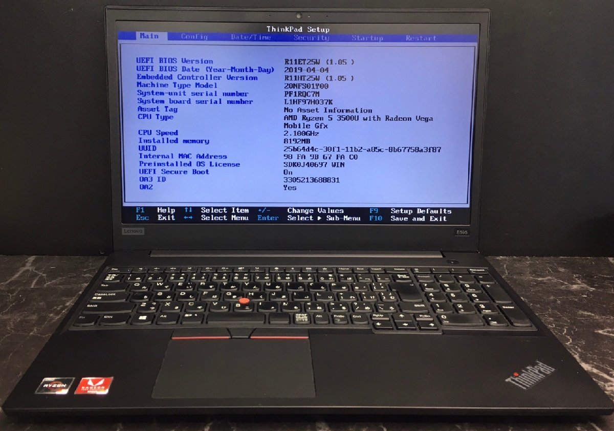 1円 ジャンク LENOVO ThinkPad E595 / Ryzen 5 3500U 2.10GHz / メモリ 8GB / NVMe SSD 128GB / 15.6型 / OS有り ...