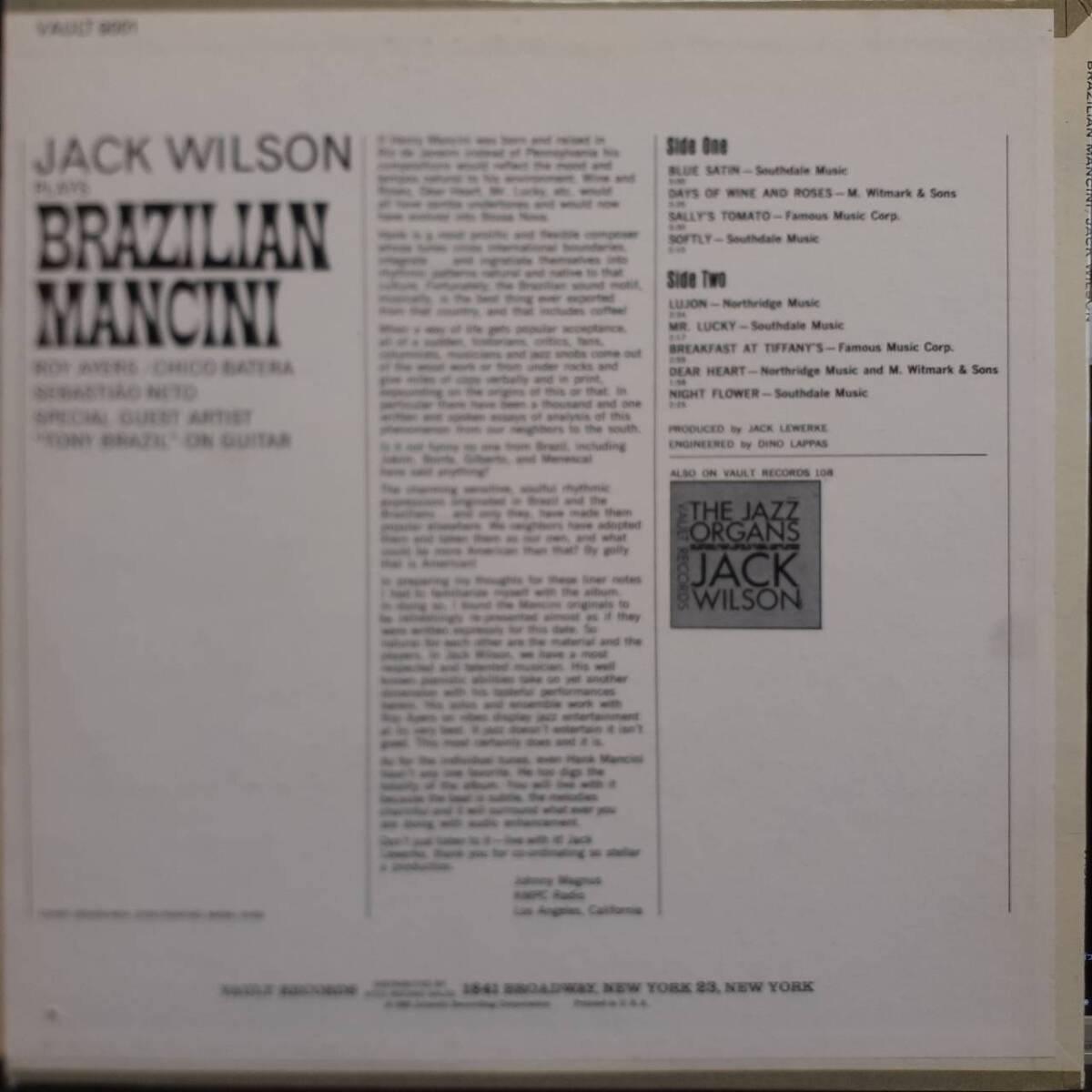 Antonio Carlos Jobim参加 米VAULTオリジLP MONO深溝 Jack Wilson / Plays Brazilian ...