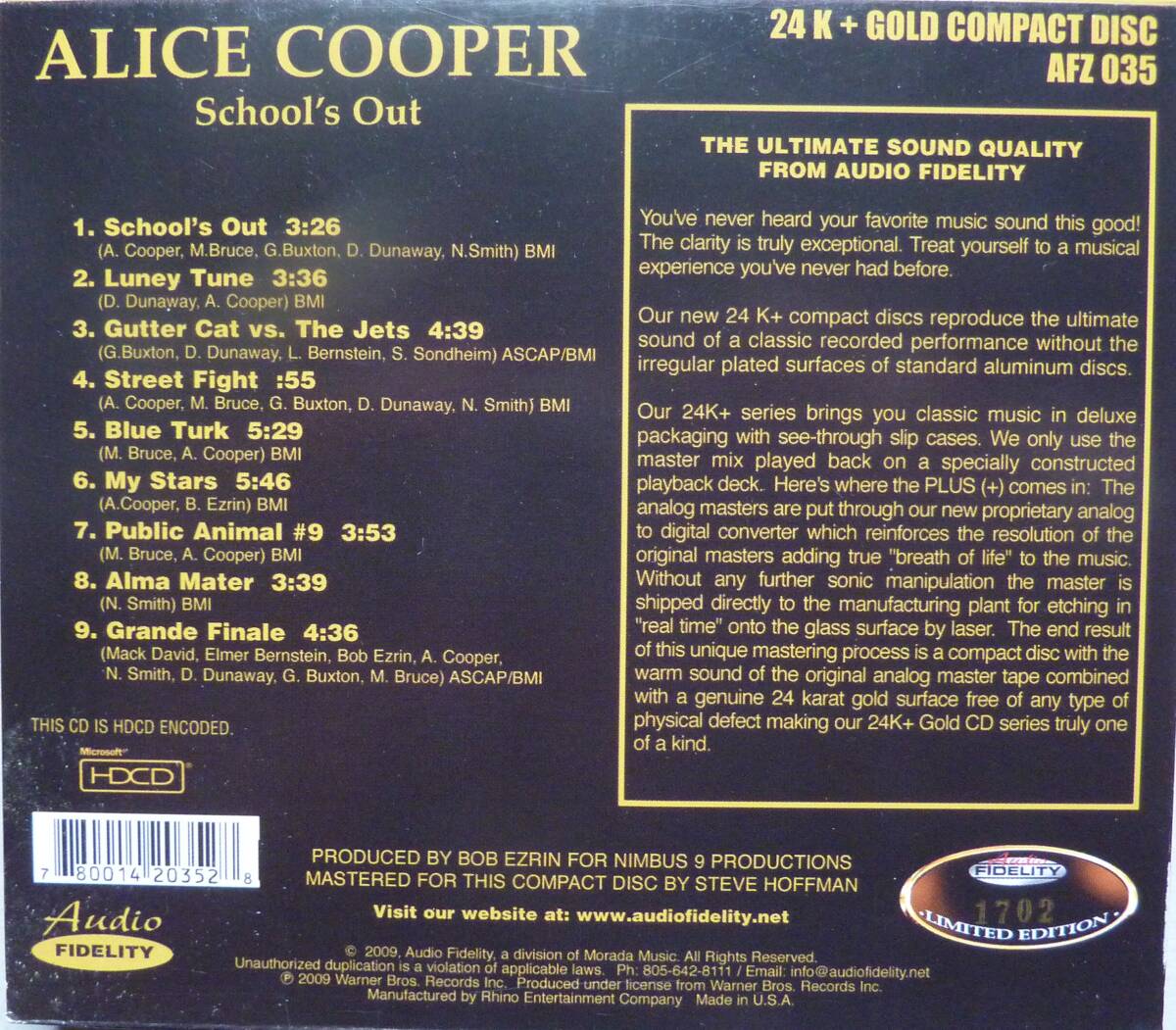 Audio Fidelity 24kt Gold Disc Alice Cooper / School's Out(Alice Cooper ...