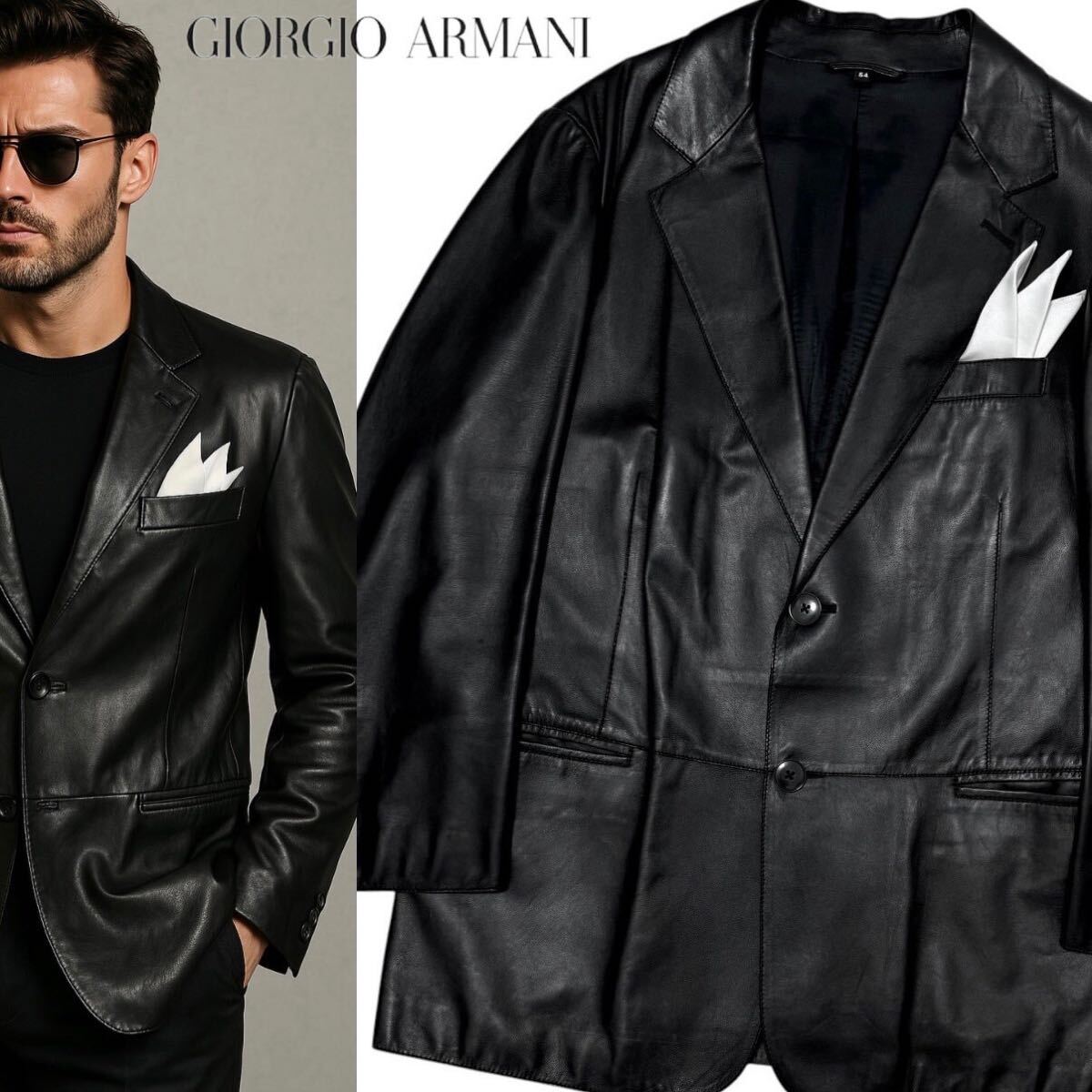 極 /定価100万 最高峰 ジョルジオ アルマーニ ラムレザー テーラードジャケット XXLサイズ 羊革 ブラック 黒 54 革タグ GIORGIO ARMANI(テーラードジャケット ...