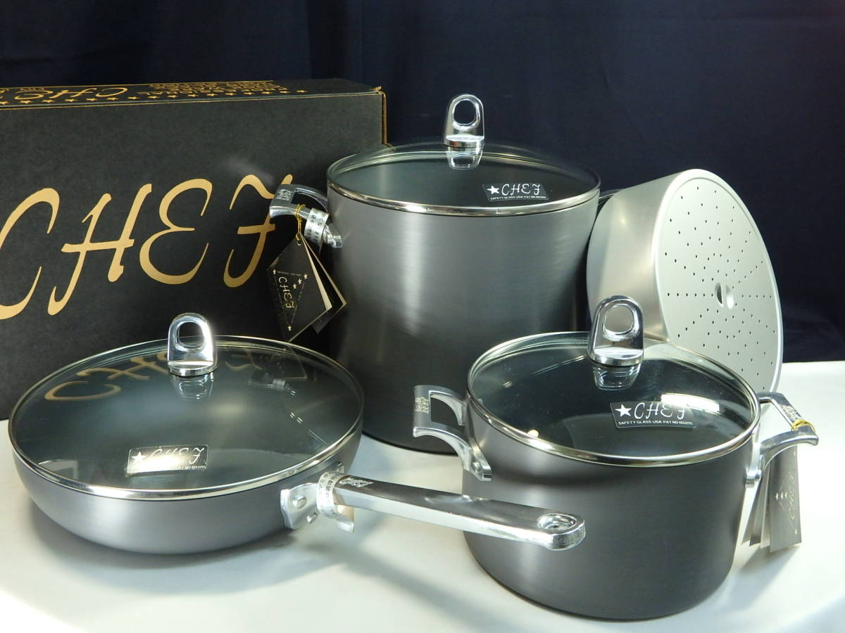 n8580 品 CHEF シェフ 鍋 蒸し器 フライパン 3点セット アルミニウム(調理器具)｜売買されたオークション情報、yahooの商品 ...