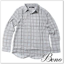 メンズ Beno ビーノ Lサイズ バティックプリント柄 長袖 レギュラーカラー シャツ トレンド 白ホワイト×黒 総柄 Z7457(Lサイズ ...
