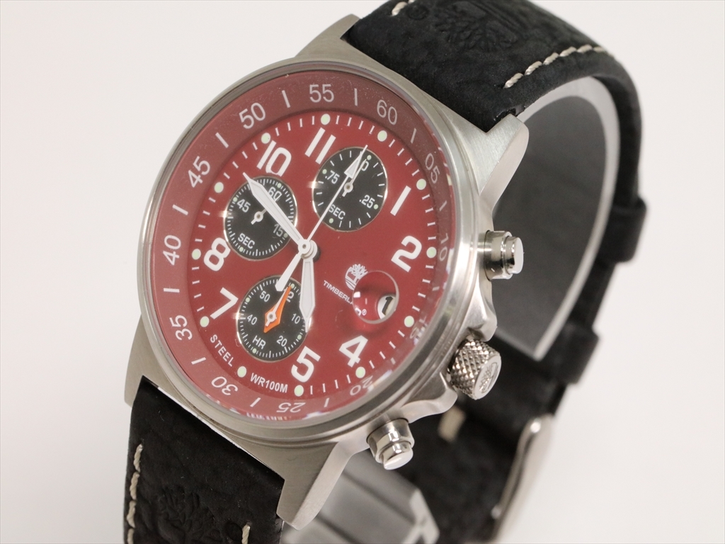可動品 ティンバーランド クロノグラフ デイト ボルドーダイヤル ラウンドフェイス 100M レザーベルト QZ メンズ腕時計 A876(その ...