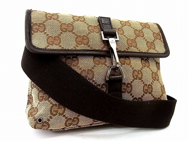 1円 極 GUCCI グッチ 92543 GGキャンバス×レザー ウエストポーチ ボディバッグ ベージュ×ダークブラウン系 A3668WO ...