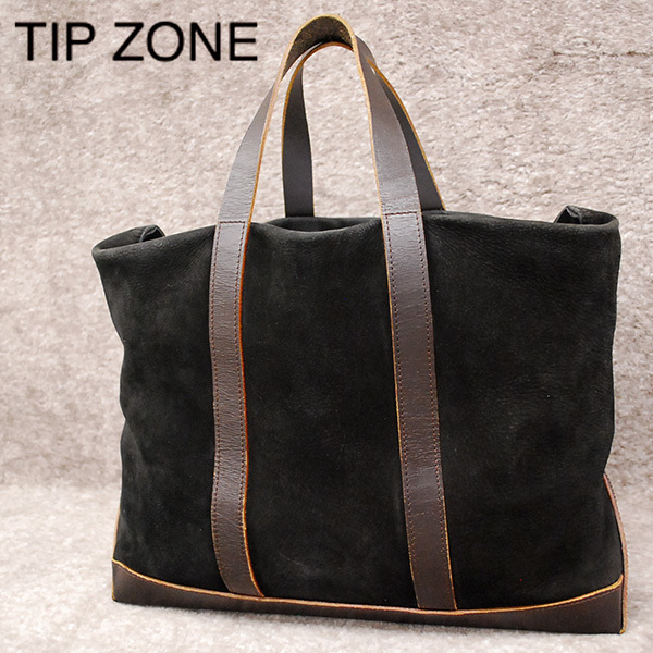 高級 定価￥99 000 神戸発 ティップゾーン TIP ZONE 牛革 ヌバック x 肉厚オイルド コンビレザーショルダートートバッグ 黒x茶/A4サイズ(トートバッグ)｜売買された ...