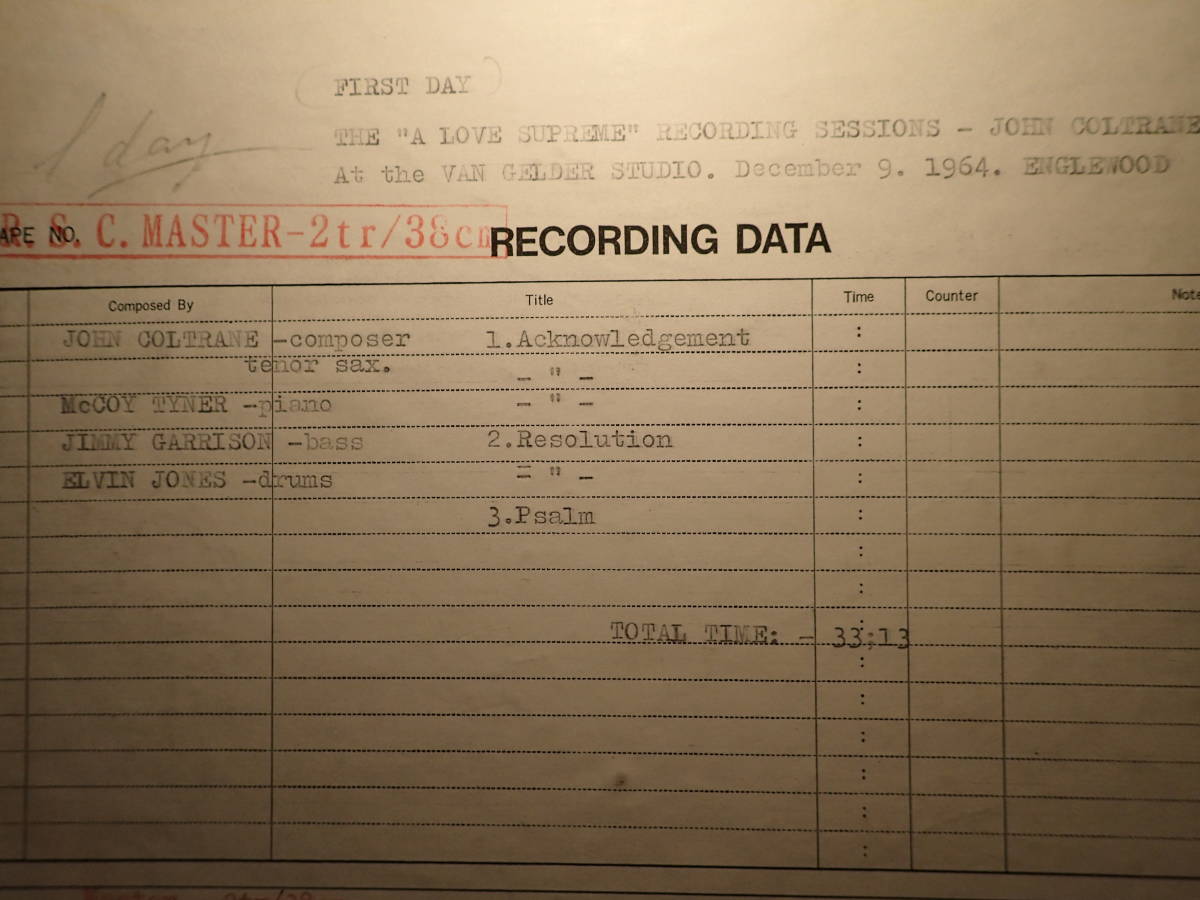 1 FIRST DAY - THE ”A LOVE SUPREME” RECORDING SESSIONS - JOHN COLTRANE ...