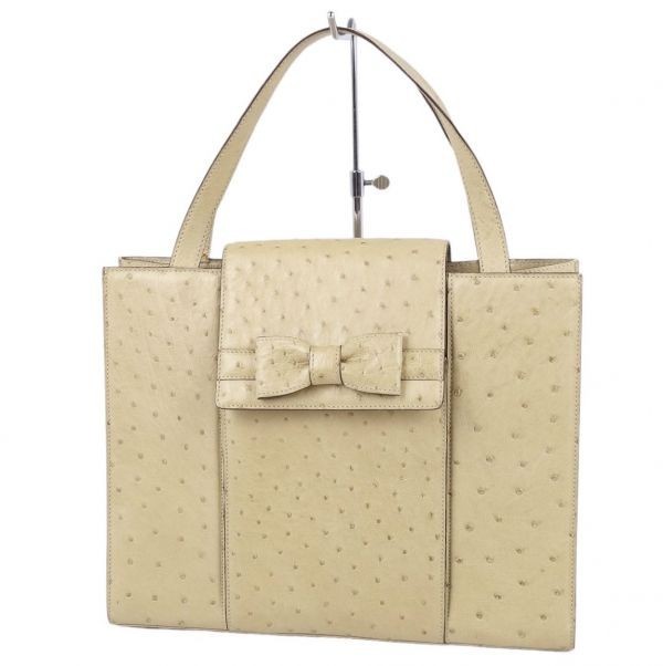 クリエーションルセ CREATION LUSSET オーストリッチ リボン ハンドバッグ レザー バッグ フランス製 本革 鞄 ベージュ ...