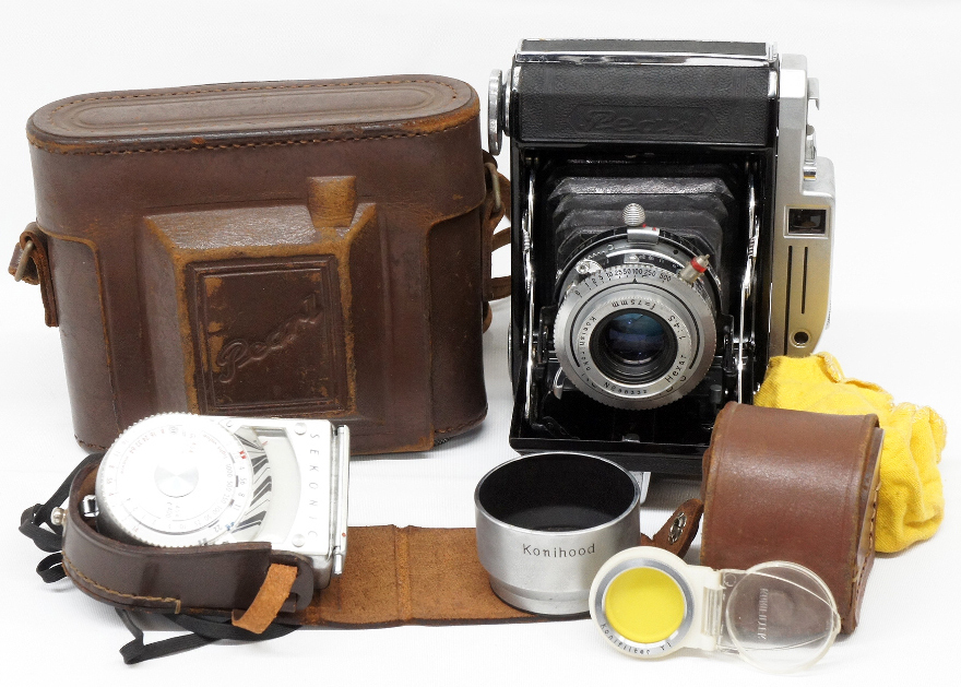 慈光 0795 蛇腹カメラ 小西六 パール PEARL KONIRAPID-S レンズ Hexar F4.5 75mm ケース おまけ フード 露出計 付き ジャンク 現状渡し(その他)｜売買 ...