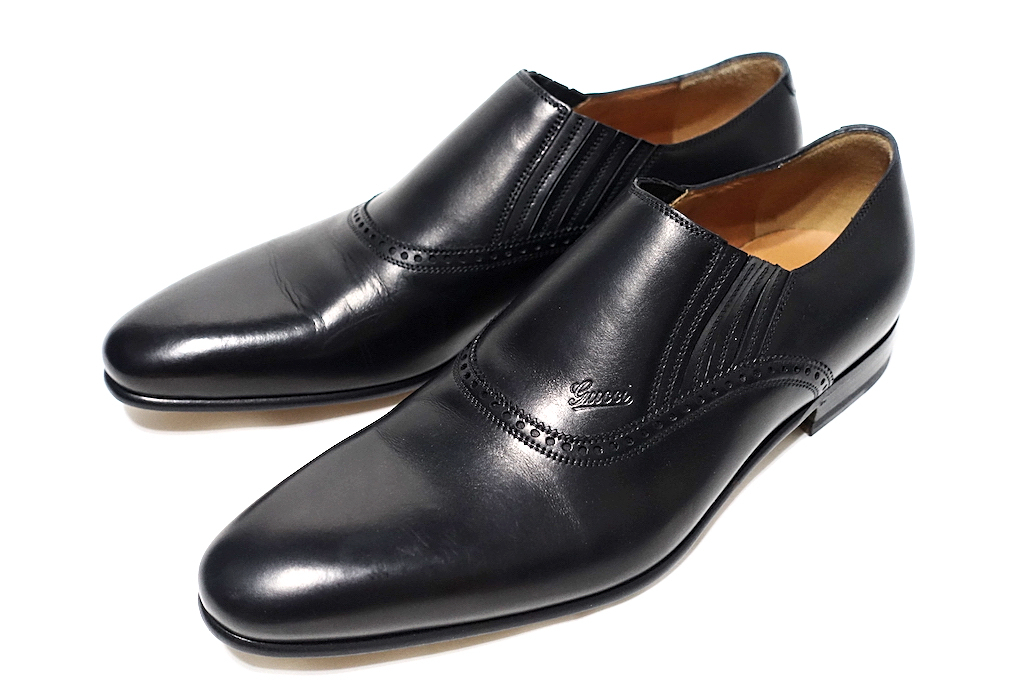 GUCCI グッチ エンボスロゴ サイドエラスティック レザー ローファー 269642 カーフ ブラック メンズ 6 1/2 ビジネスシュー ...