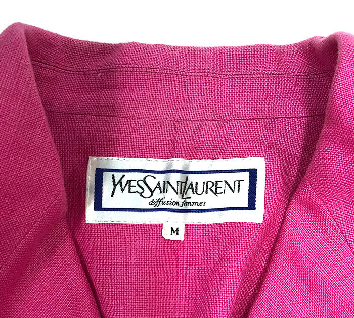 1円 YSL イヴ サンローラン ヴィンテージ セットアップ スーツ ピンク リネン 半袖 ダブル サイズM 金ボタン レディース ...