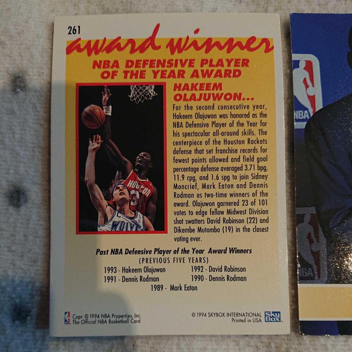 NBA カード 1994 HOOPS award winner 2枚セット HAKEEM OLAJUWON DEFENCIVE PLAYER ...