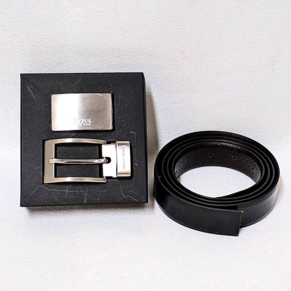 14885 HUGO BOSS ヒューゴボス ベルト D-72555 メンズ 長さ調整可能 レザー 革 黒 ブラック シルバー スーツ ...