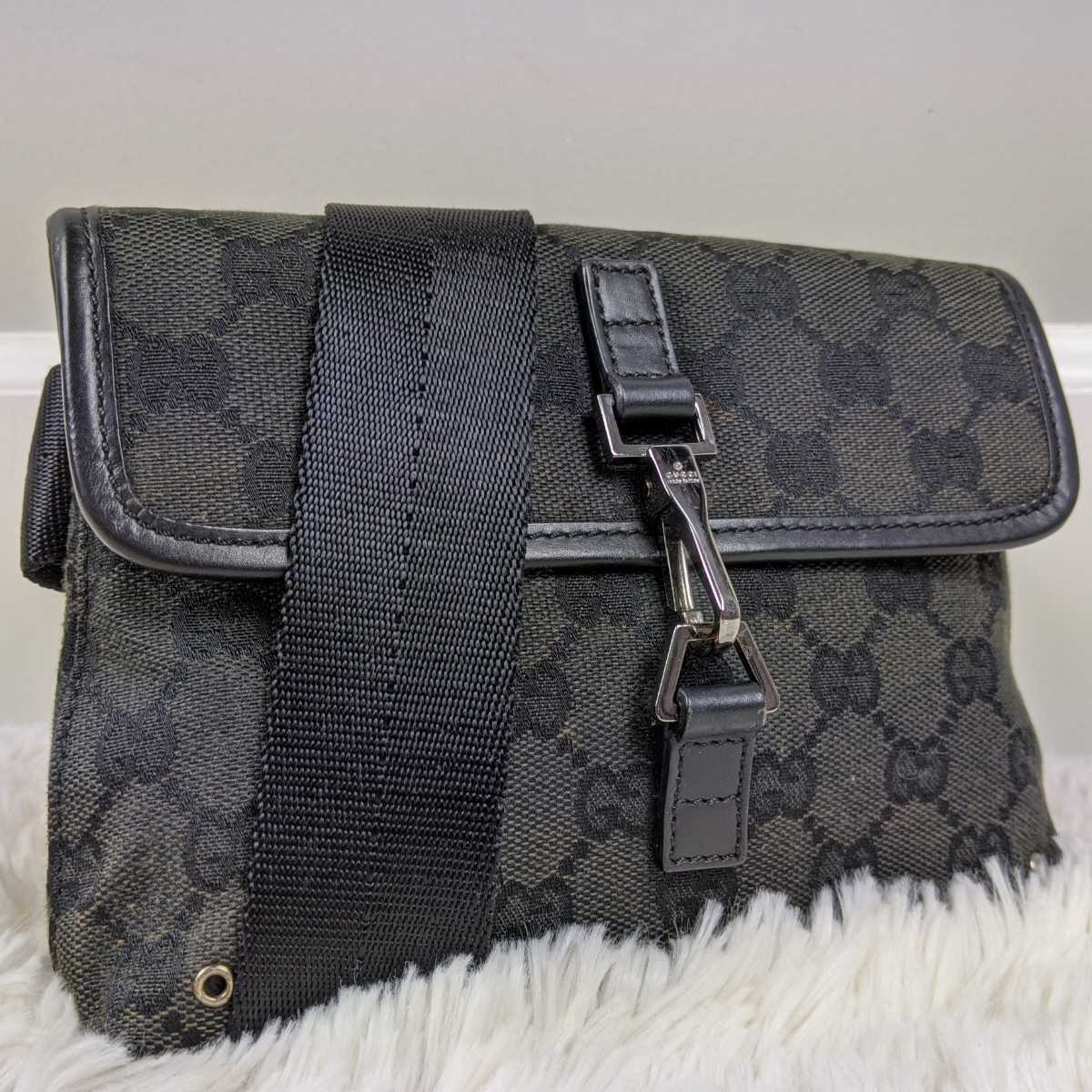 1円 GUCCI グッチ 92543 212792 GGキャンバス×レザー ボディバッグ ウエストポーチ ウエストバッグ メンズ ブラック ...