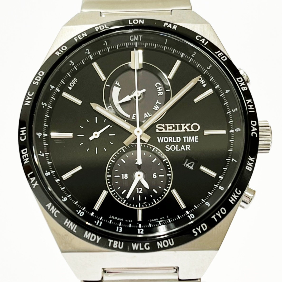 1円スタート 箱付き 訳あり品 SEIKO セイコー V195-0AE0 ワールドタイム SS ソーラー メンズ腕時計 156697 ...