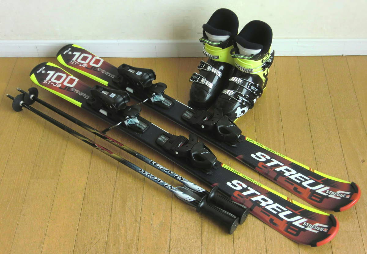 STREULE＋ROSSIGNOL 子供用カービングスキー4点セット 板100/靴19.5 GRIP WALK WAX済(板、ブーツセット ...