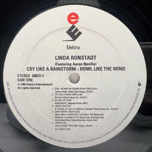 Cut無し 良好品 '89年 アナログ LINDA RONSTADT Cry Like A Rainstorm - Howl Like The ...