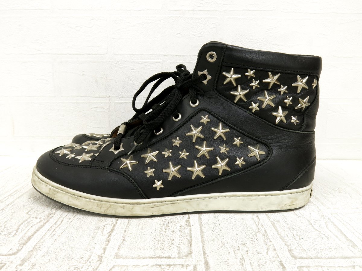JIMMY CHOO ジミーチュウ メンズ スタースタッズ レザー 本革 ハイカット スニーカー ブラック SV金具 40サイズ A3820 ...