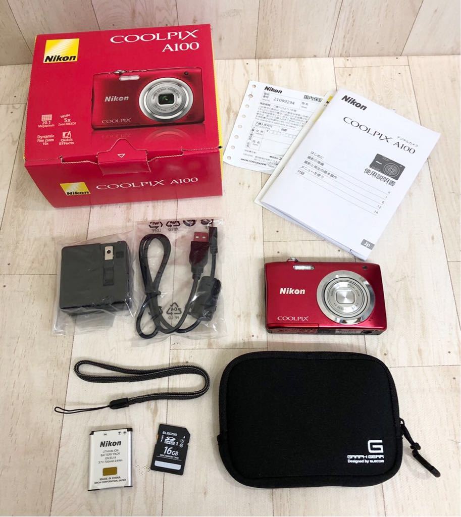 Nikon ニコン COOLPIX/クールピクス A100 コンパクト デジタルカメラ 2005万画素 光学5倍ズーム RD/レッド 16GB/SDカード 箱説付属(ニコン)｜売買された ...