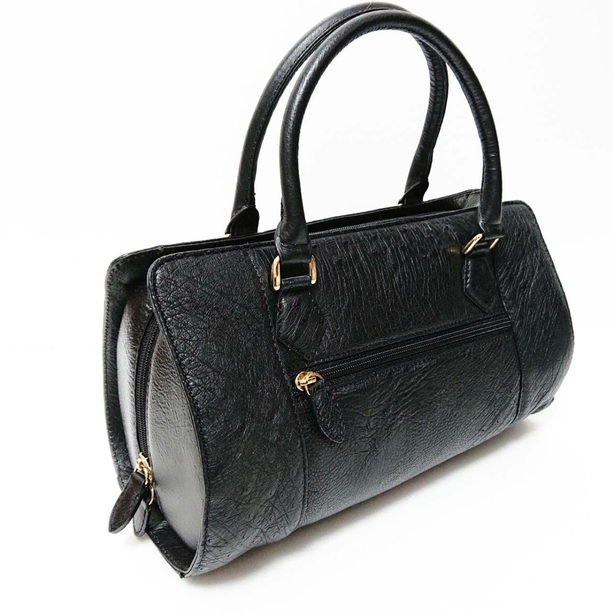 オーストリッチレザー 本革 ボストン型 ハンドバッグ レディース 鞄 婦人 黒 ブラック BA23(オーストリッチ)｜売買されたオークション ...