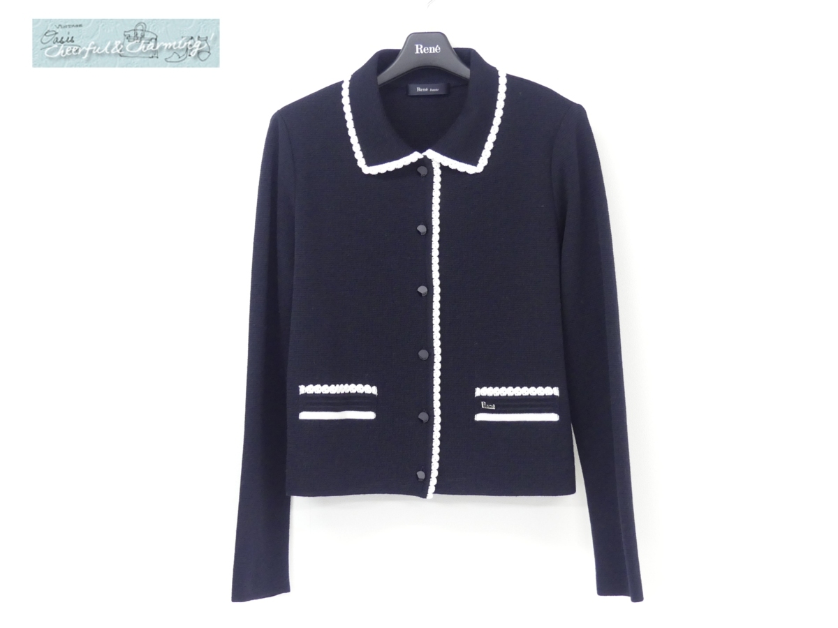 Rene basic ニットジャケット 38 ミッドナイトネイビー×オフホワイト ウールBLEND 襟付 スカラップ クラシカル '21年商品 5112080(ルネ)｜売買されたオークション ...