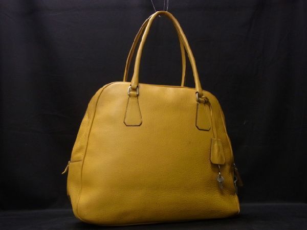 1円 PRADA プラダ ロゴ レザー シルバー金具 トートバッグ ショルダーバッグ 手提げかばん 肩掛け レディース イエロー系 N0393 ...