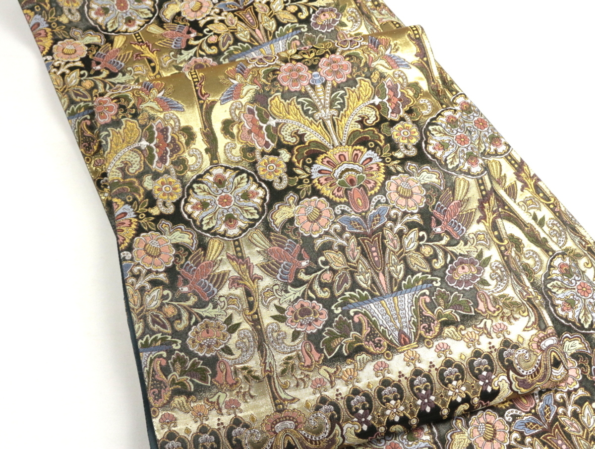 キモノマルシェ 本金箔 正絹 袋帯 繍宝煌彩 オリエンタル 花と鳥文様 e9-114(仕立て上がり)｜売買されたオークション情報、yahooの商品情報をアーカイブ公開 - オークファン ...