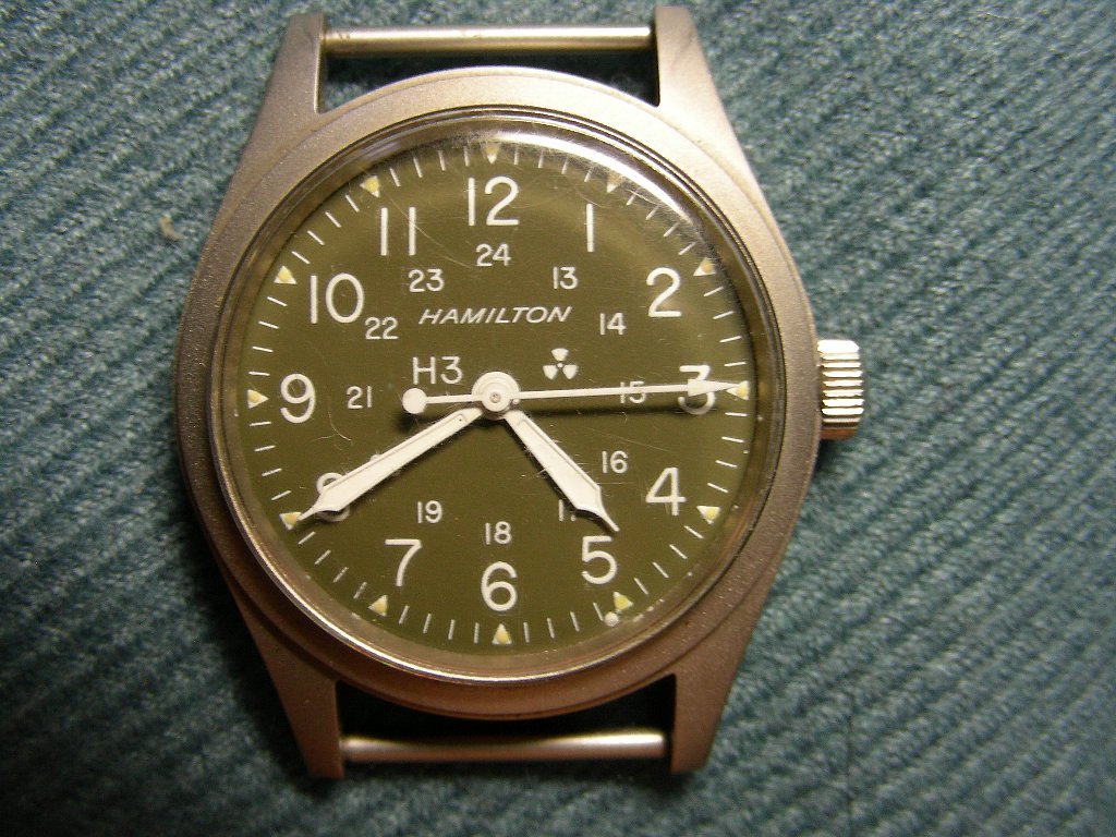 激レア HAMILTON ハミルトン 斜字旧ロゴ 手巻きミリタリーウオッチ Ref9219 トリチウムH3 放射能ハザードシンボル表記(カーキ ...