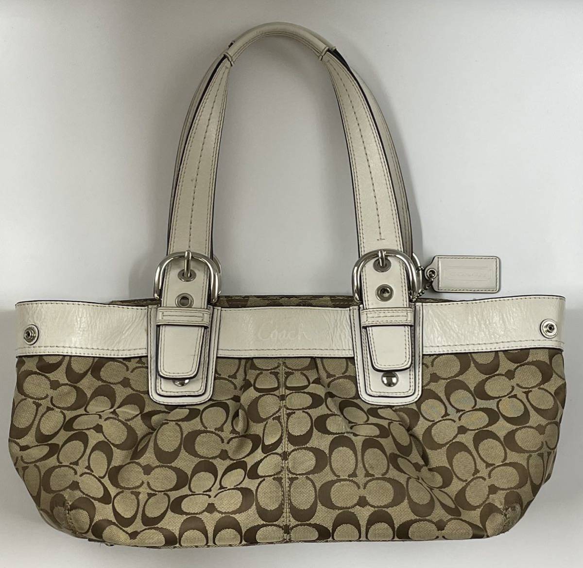 1円スタート COACH / F13742 コーチ シグネチャー ソーホープリーテッド ハンドバッグ トートバッグ レザー チャームプレート ...