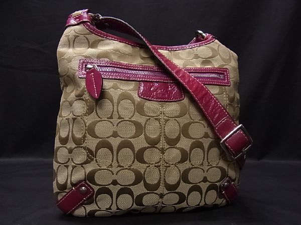 1円 COACH コーチ F14689 ハグオール シグネチャー キャンバス×レザー ショルダーバッグ 斜め掛けかばん ベージュ系×ピンク系 ...