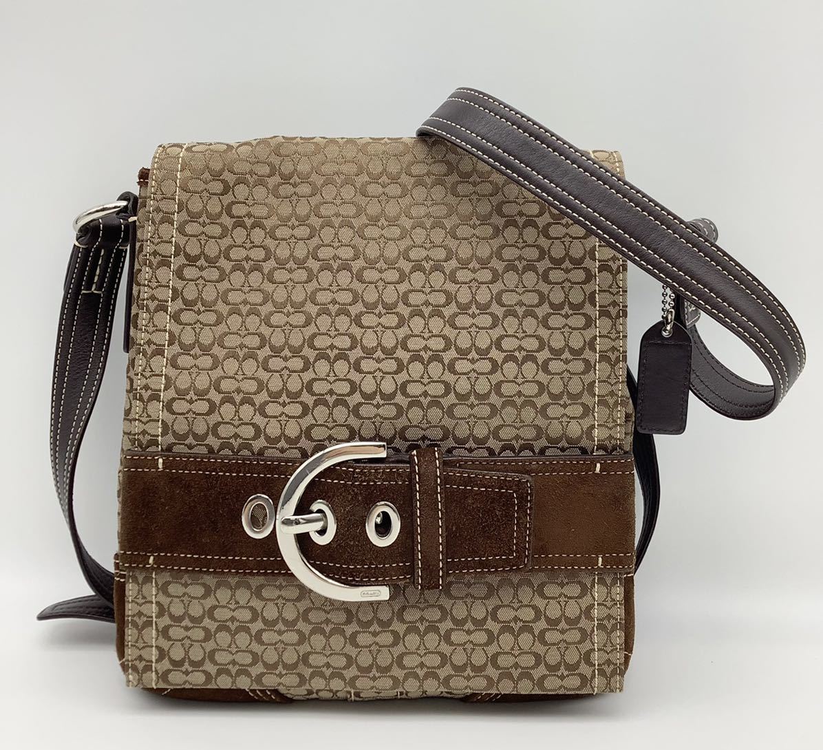 COACH コーチ 3644 ショルダーバッグ 斜めがけ バッグ ジャガード×スエード×レザー ミニシグネチャー柄 茶色 ブラウン(男性用 ...