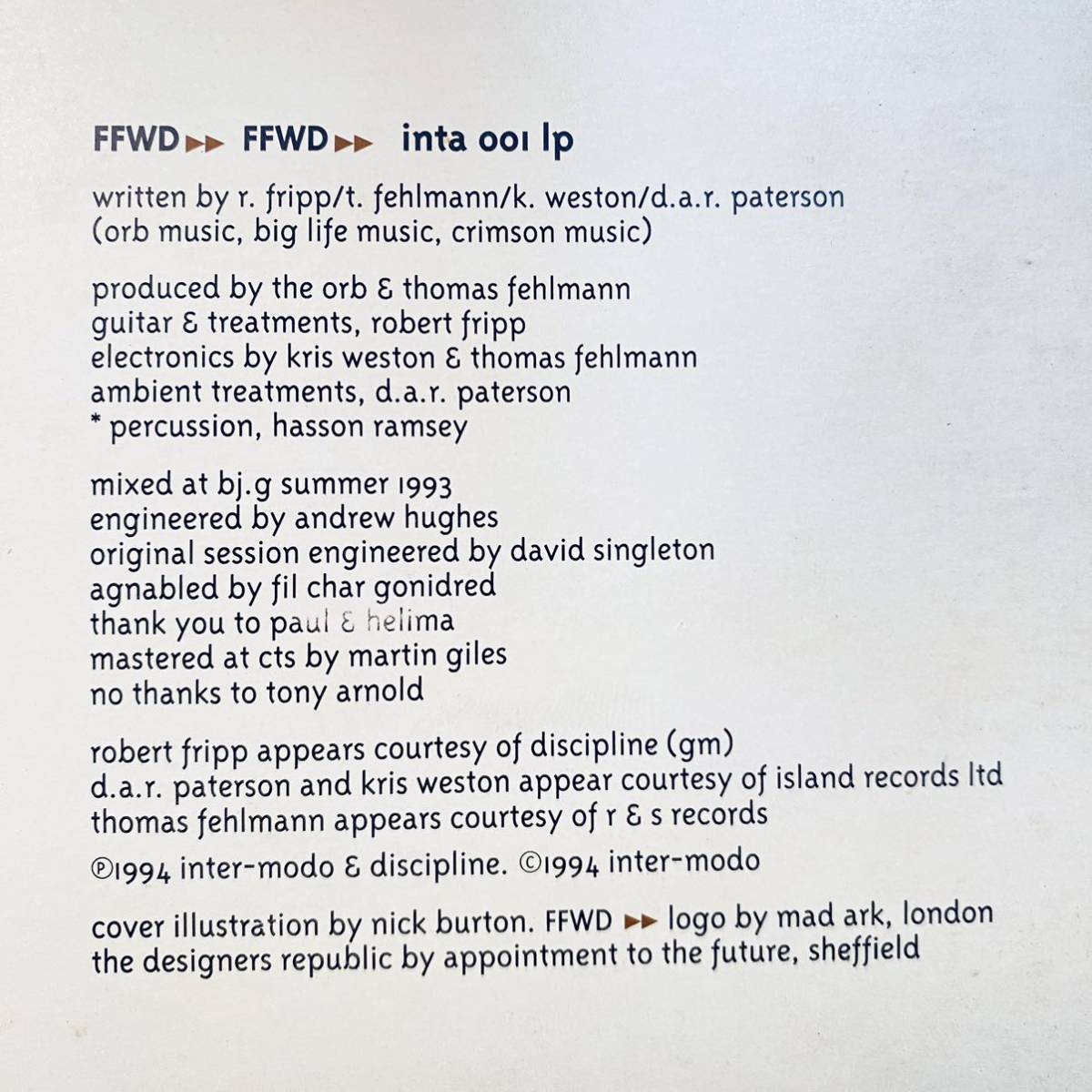 The Orb & Robert Fripp /UKオリジナル2LP / 試聴済 / レア盤 FFWD / FFWD // King ...