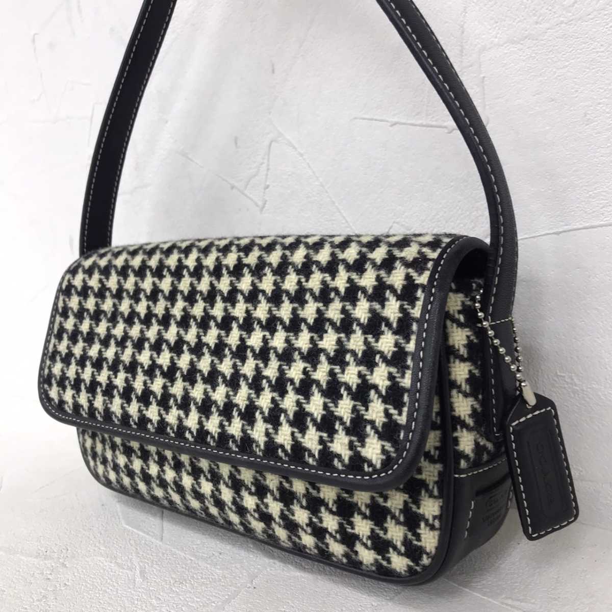 #2 良品 COACH コーチ 8901 千鳥格子 ウール×レザー ミニハンドバッグ トートバッグ ビジネスバッグ 本革 鞄 かばん ...